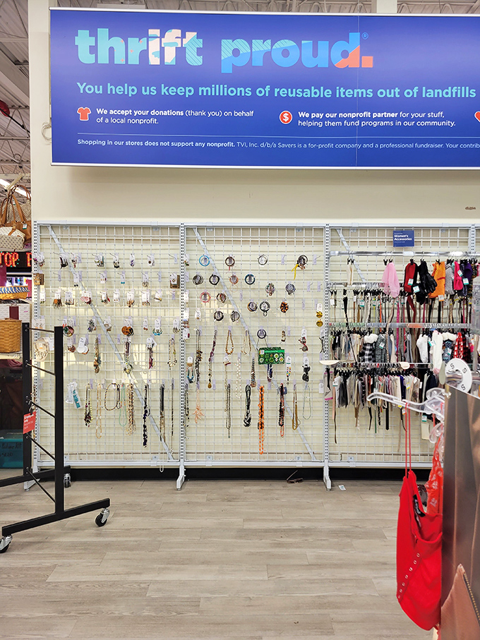 The "thrift proud" sign reminds shoppers that their treasure hunting helps keep millions of perfectly good items from landfill retirement.