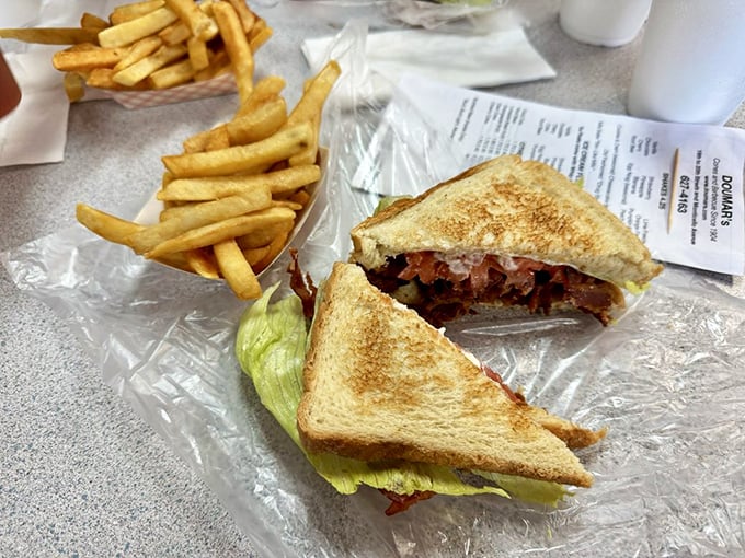 The BLT&mdash;crispy, toasty, and precisely cut&mdash;proves that triangular sandwiches really do taste better, especially with those golden fries standing guard.