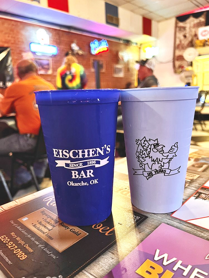 Plastic cups emblazoned with the Eischen's logo&mdash;souvenirs that hold your beverage and memories. No fancy glassware needed when the chicken's this good.
