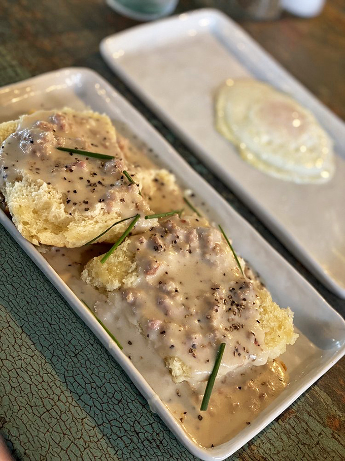 Biscuits swimming in sausage gravy&mdash;the breakfast equivalent of a warm hug that says "Don't worry about that diet today, sweetheart."