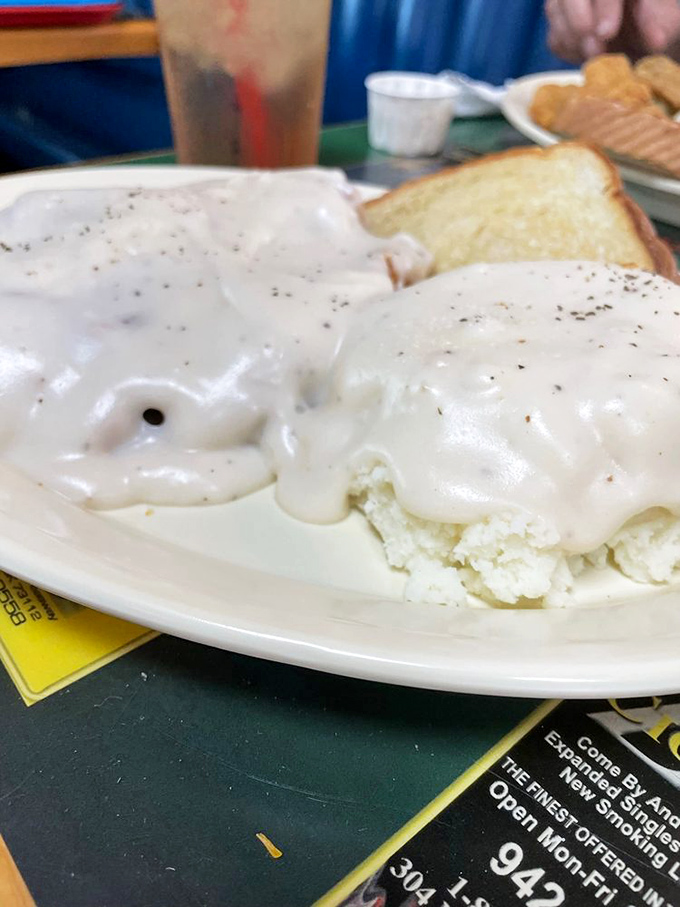 Biscuits and gravy that would make your grandmother both proud and jealous. That pepper-speckled gravy is practically winking at you.