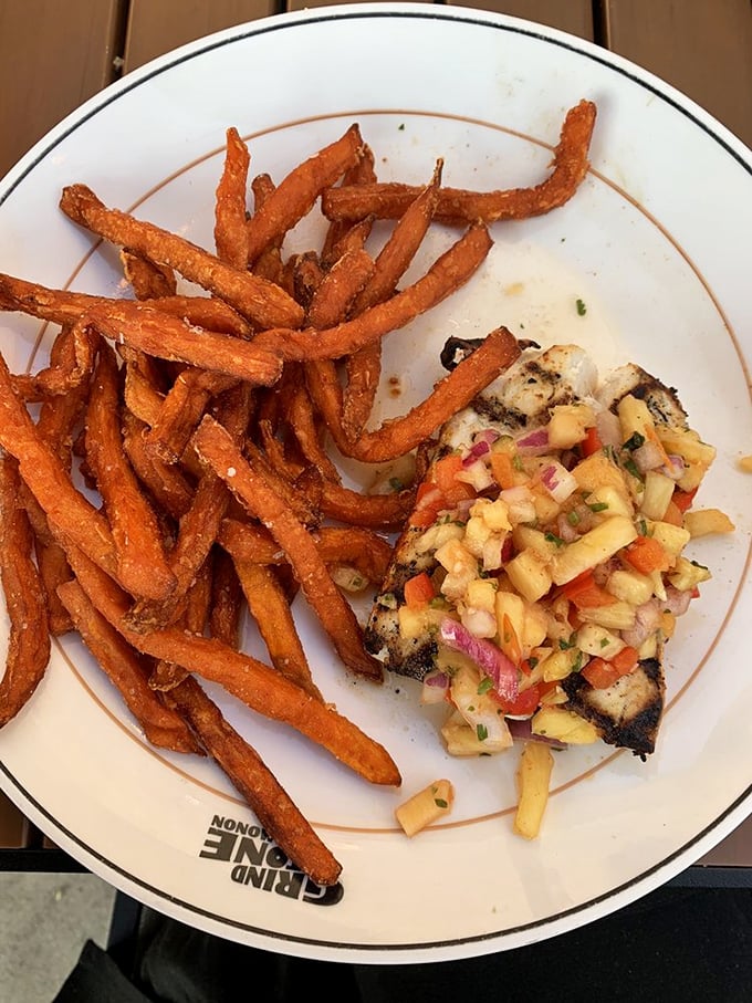 Blackened mahi-mahi that's traveled a long way to meet you. That tropical fruit salsa is bringing serious vacation vibes to Indiana's heartland.