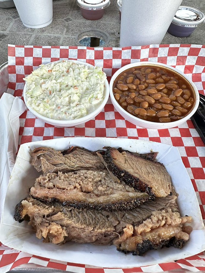 The brisket's smoke ring tells a 12-hour story of patience, while the beans and slaw provide colorful commentary on this plate of pure joy.
