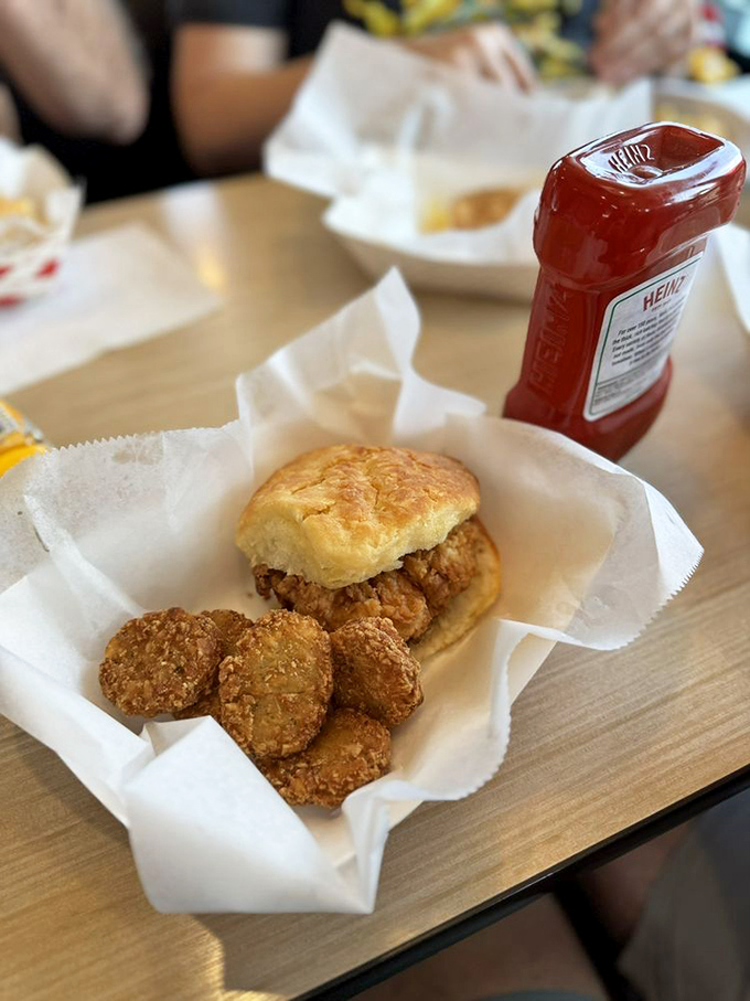 A chicken biscuit with fried pickles that makes you wonder why you'd ever waste calories on those chain restaurant imposters masquerading as Southern food.