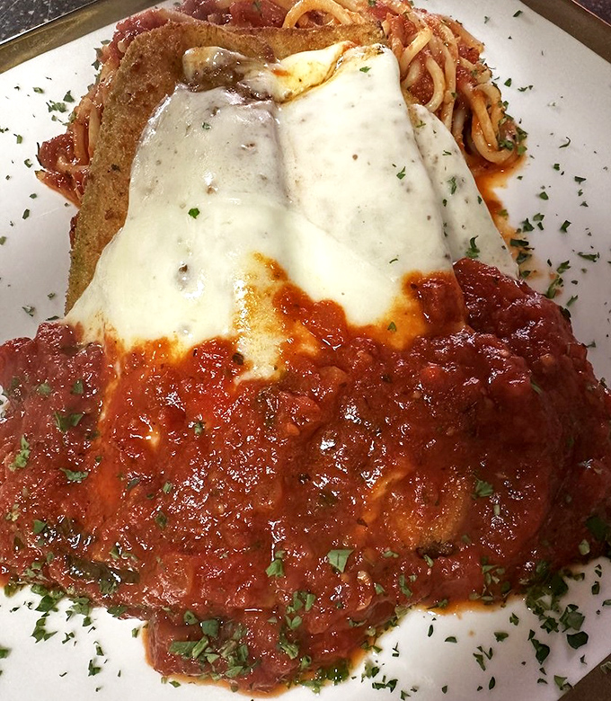 Chicken Parmesan with cheese melted to Instagram perfection. That sauce has clearly been passed down through generations of Italian grandmothers.