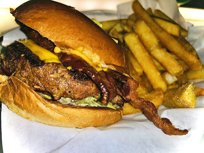 The Classic American Burger&mdash;where beef meets destiny on a toasted bun. Simple, honest, and as American as the drive-in movies themselves.