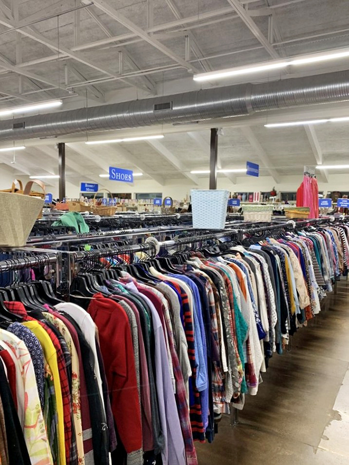 The clothing section stretches like a textile rainbow, each garment a character in search of its next chapter and closet to call home.