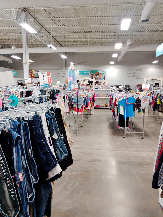 The clothing department: organized by size and type, not by "how much upper body strength do you need to push these hangers apart?"