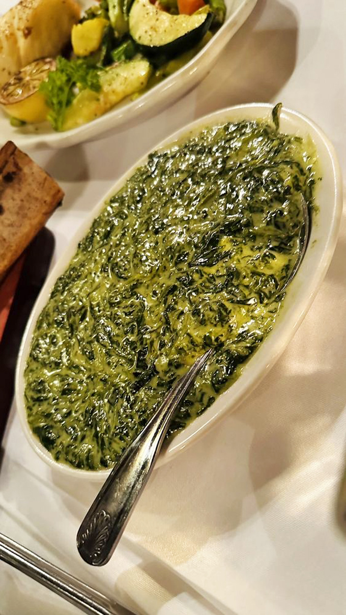 Creamed spinach so luxurious, Popeye would need reservations. Somehow both decadent and technically counts as eating your vegetables.