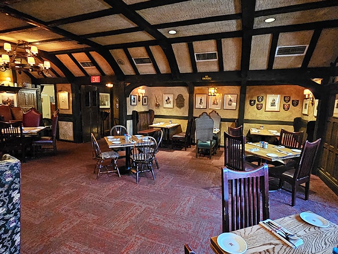 The dining room feels like the private hall of a Scottish laird, where wooden chairs and tables have hosted countless celebrations through the decades.