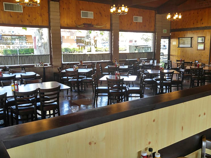 The dining room feels like your favorite uncle's cabin&mdash;wood paneling, simple tables, and the promise that something wonderful is happening in the kitchen.