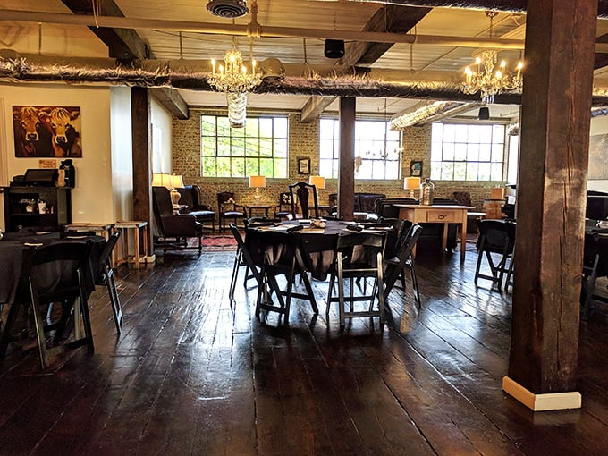 Wide-plank floors and exposed beams create a space that feels both timeless and trendy, like comfort food with a culinary degree.