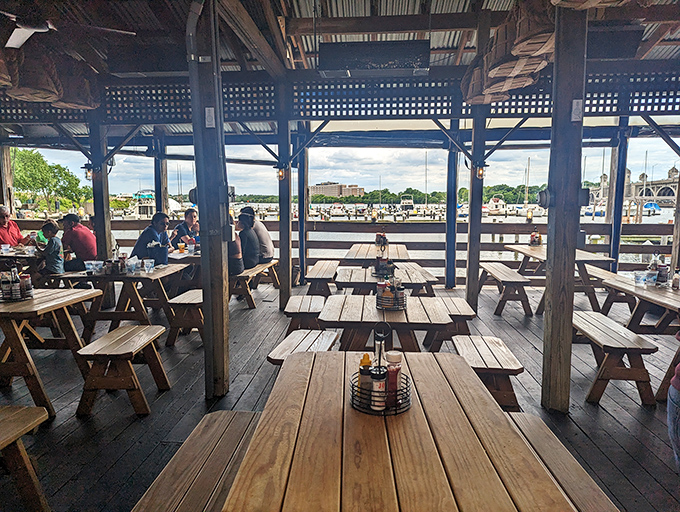 Rustic wooden tables bathed in natural light create the perfect stage for seafood's starring role in your day. 