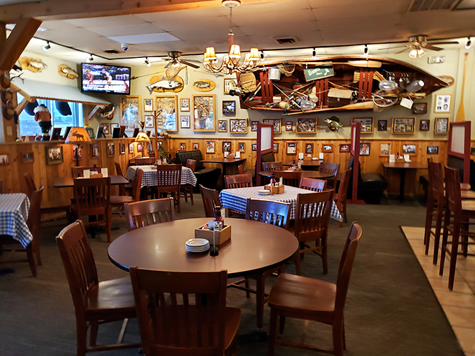 Blue checkered tablecloths and honey-colored wood paneling create the perfect backdrop for seafood feasts – casual enough for Tuesday night, special enough for celebrations.