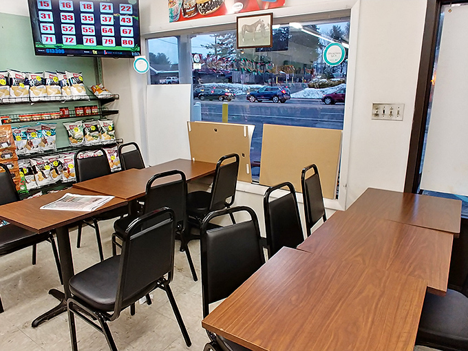 The dining area isn't trying to impress Architectural Digest&mdash;it's designed for the serious business of enjoying a proper sandwich without distraction.