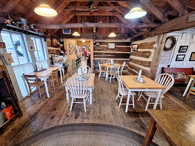 Those wooden log walls don't just hold up the ceiling—they hold decades of conversations, laughter, and the lingering ghosts of meals past.