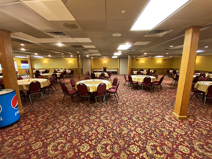 The banquet room stands ready for the after-church crowd, where Sunday best meets Sunday feast in carpeted splendor.