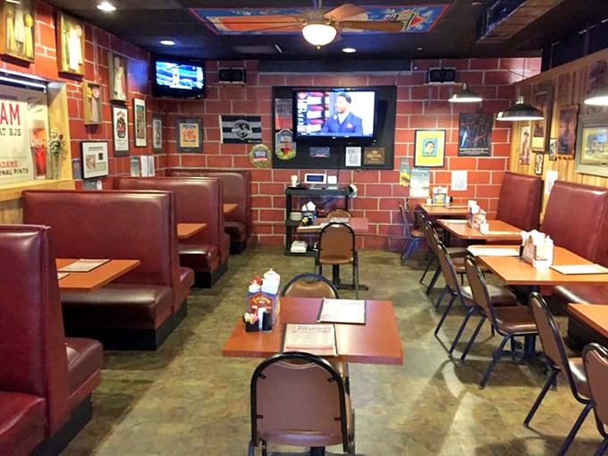 The dining room says "stay awhile" with its cozy booths and brick walls&mdash;a sanctuary where napkin use is never judged.