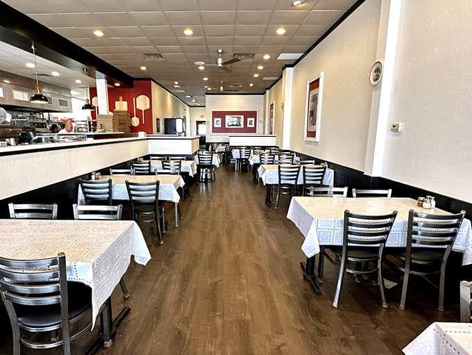 Clean lines, comfortable seating, and tablecloths that say, "Yes, we care about details." This dining room invites you to settle in and stay awhile.
