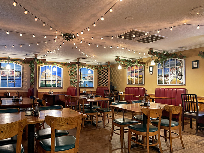 The dining room at Rizzo's doesn't just serve food; it serves memories, with each string light adding to the "you're family here" ambiance.