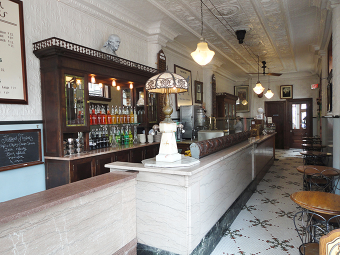 Marble countertops, ornate fixtures, and that impossibly perfect tin ceiling&mdash;eating ice cream here is like enjoying dessert in a time machine.