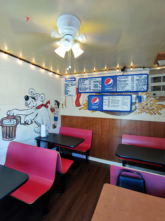 Red booths, string lights, and a polar bear mural&mdash;this dining area serves nostalgia as the secret ingredient in every dish.