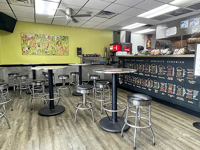 The dining area is simple but purposeful, like a dojo dedicated to the art of burger consumption. Every stool is a front-row seat to deliciousness.