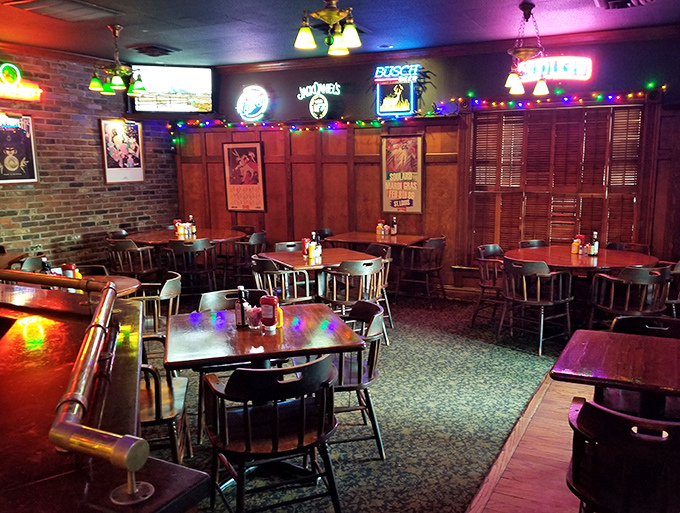 The dining room balances casual comfort with just enough atmosphere to make Tuesday night feel like Saturday &ndash; note the festive string lights.