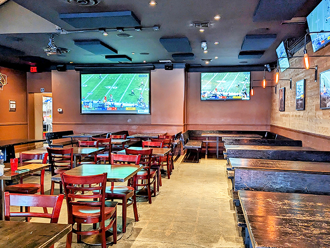 The dining room says "come for the barbecue, stay for the game" &ndash; a space where sauce-stained fingers and high-fives are equally welcome.