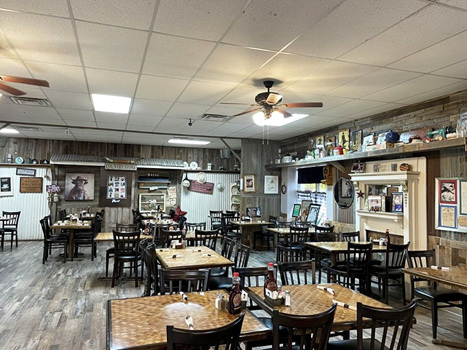 The dining area balances rustic charm with comfortable practicality &ndash; wooden tables that have hosted countless conversations and satisfied appetites.