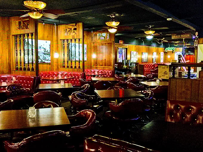 Red leather booths that have cradled countless celebrations. The kind of timeless dining room where deals are made and anniversaries celebrated.