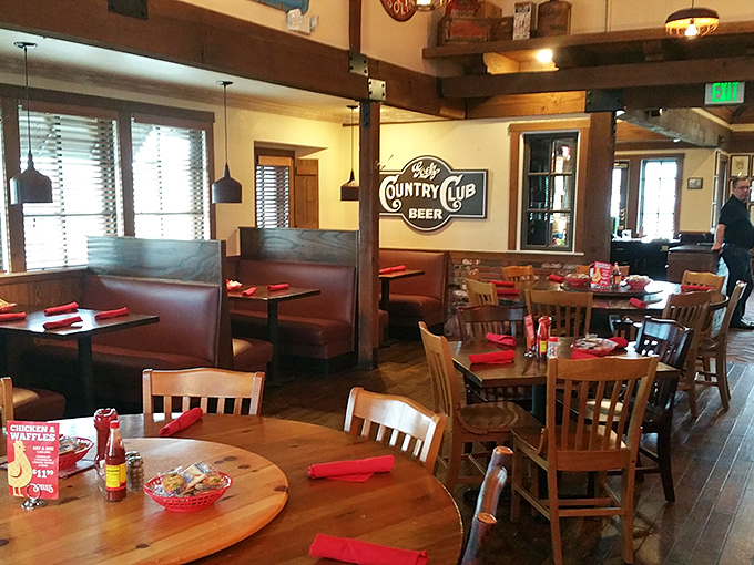 Red napkins stand ready for battle in a dining room where wooden chairs have supported generations of satisfied customers and their food comas.