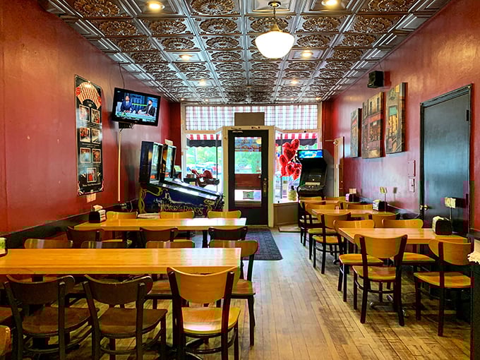 The dining room's ornate tin ceiling and warm wood tones create the perfect backdrop for ice cream euphoria and sugar-fueled conversations.