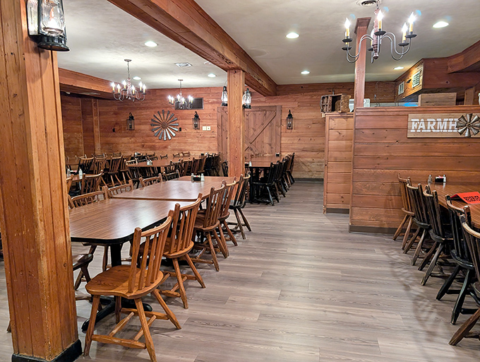 The private dining area feels like a barn raising where the only thing being constructed is your appetite. Chandeliers add unexpected elegance. 