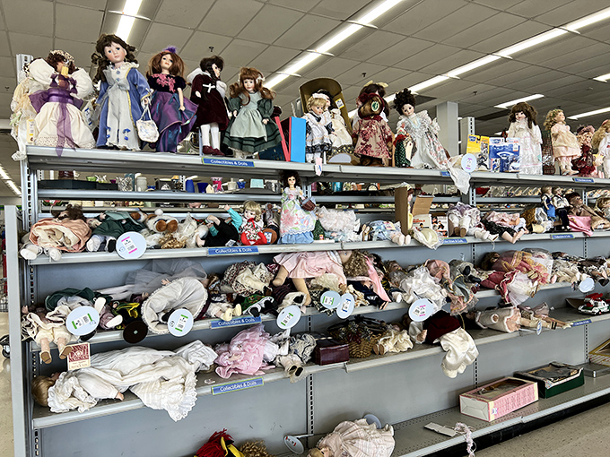 The island of misfit dolls stands ready for adoption, their porcelain faces telling stories of playrooms past and collecting futures yet to come.