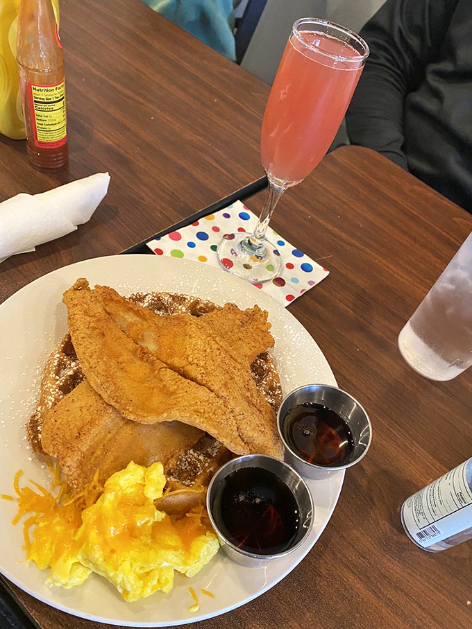 Brunch with bubbles and chicken that's dressed for success. When breakfast and lunch have a fancy affair, this is their love child.