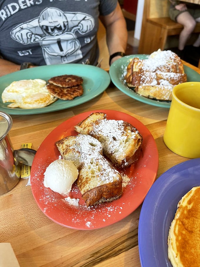 French toast that's dressed for success with a powdered sugar snowfall. This isn't breakfast&mdash;it's dessert with permission slips.