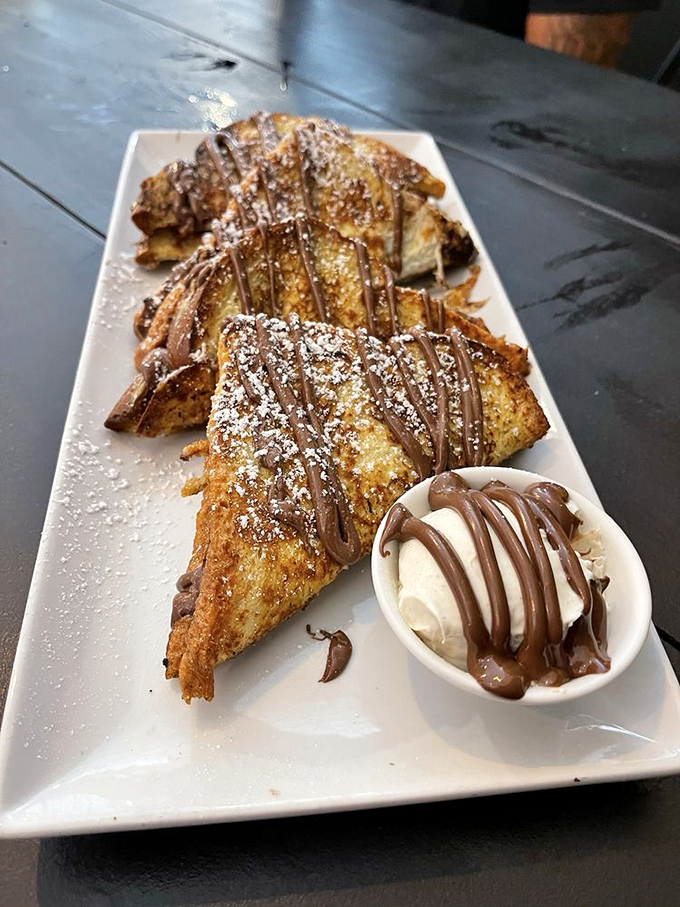 French toast that's dressed for success. Chocolate drizzles transform breakfast into an occasion worthy of your fancy pajamas.