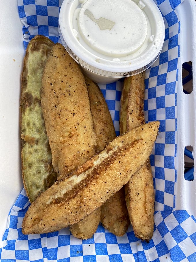 Fried pickle spears—the unexpected supporting actor that steals the show. Tangy, crunchy, and utterly addictive with their creamy dipping companion.