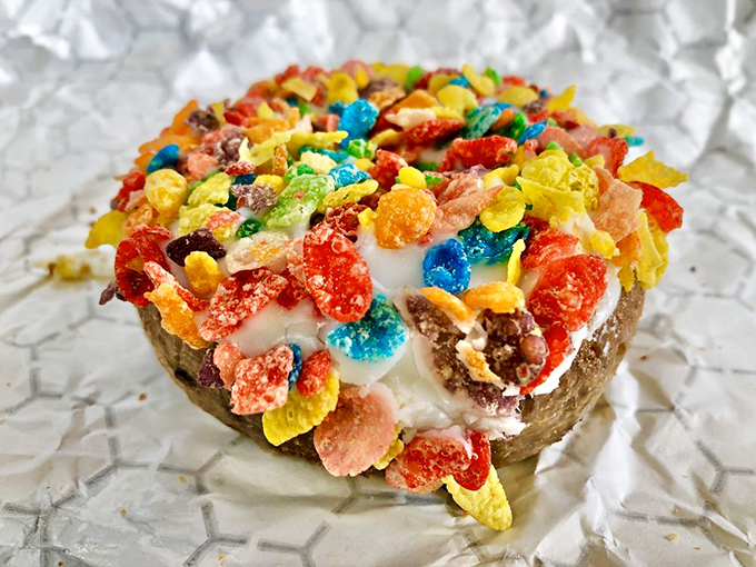 The Fruit Loops donut—where childhood cereal memories meet grown-up indulgence. Nostalgia never tasted so sweet.