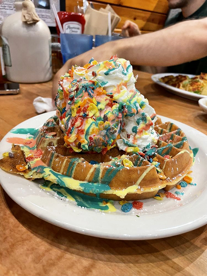 Somewhere over the rainbow, there's a waffle topped with every color in the Crayola box. This Fruity Pebbles creation is childhood nostalgia on a plate.