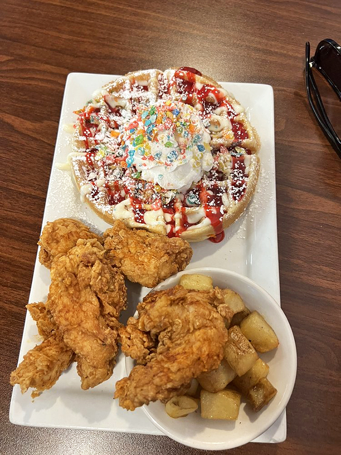 Childhood cereal dreams all grown up. This Fruity Pebble waffle brings Saturday morning cartoon nostalgia to your adult brunch experience. 