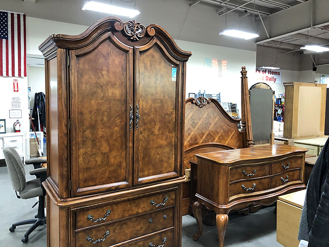Not just furniture&mdash;family heirlooms in transition. This elegant armoire has likely witnessed decades of morning routines and bedtime stories.