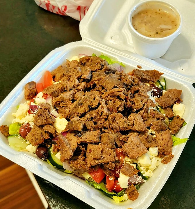 A Greek-inspired salad topped with gyro meat &ndash; a nod to the Mediterranean roots behind Cincinnati's unique chili culture. 