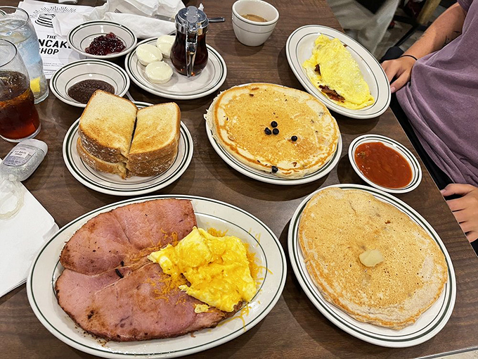 A breakfast spread that would make Ron Swanson weep with joy&mdash;pancakes, ham, eggs, and enough options to fuel an entire morning.