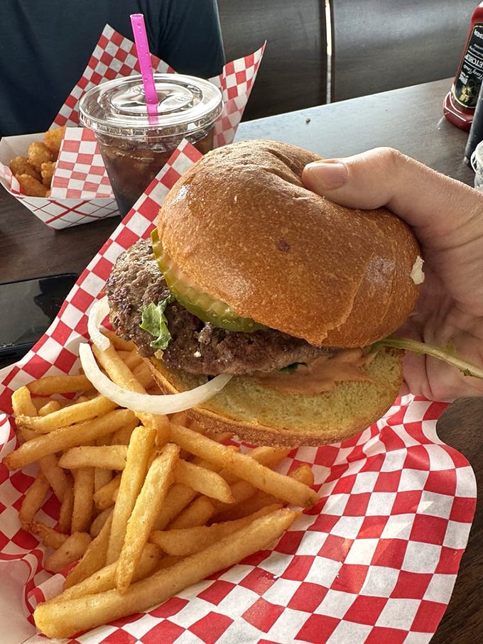 Sometimes a classic hamburger is all you need&mdash;this one's the platonic ideal, nestled beside fries that clearly went to the good school.