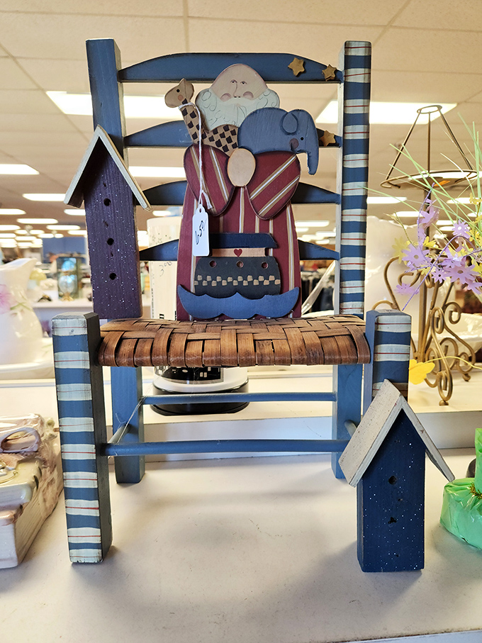 This whimsical blue chair with its folk art Santa isn't just furniture—it's the conversation piece your entryway has been missing.