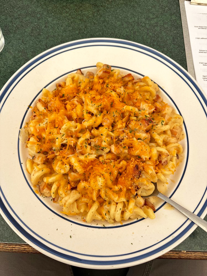 Mac and cheese that would make your grandmother simultaneously proud and jealous. The golden crown of melted cheddar beckons like a cheesy siren song.