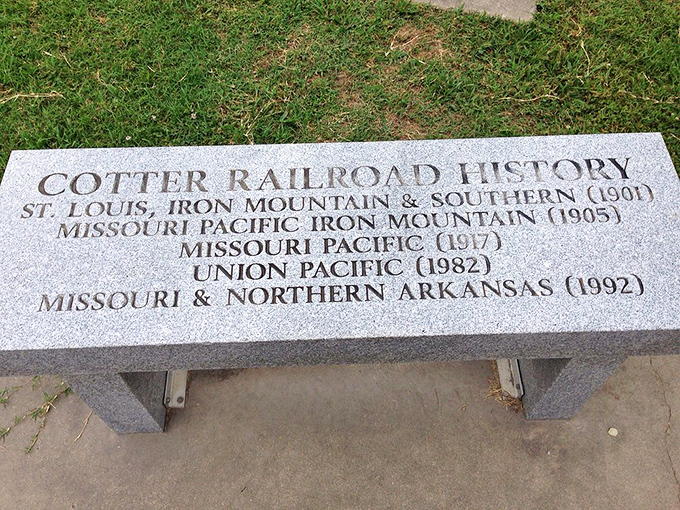History carved in stone reminds us that railroads once ruled these parts. If only this plaque could share stories from those iron horse days.