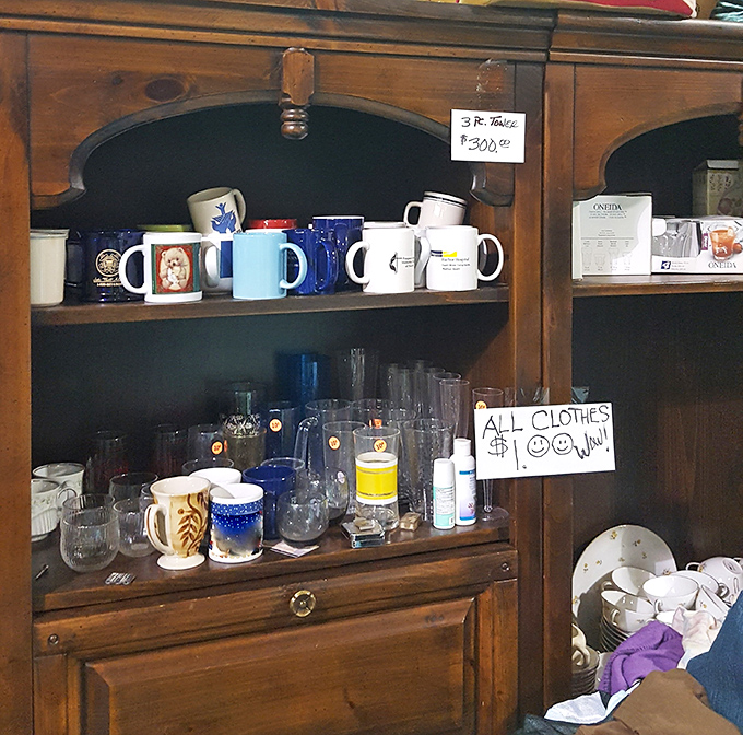 A cabinet of curiosities featuring mugs with personality and glassware with history. That $1 coffee cup might have once served a celebrity&mdash;or at least that's what you can tell guests.